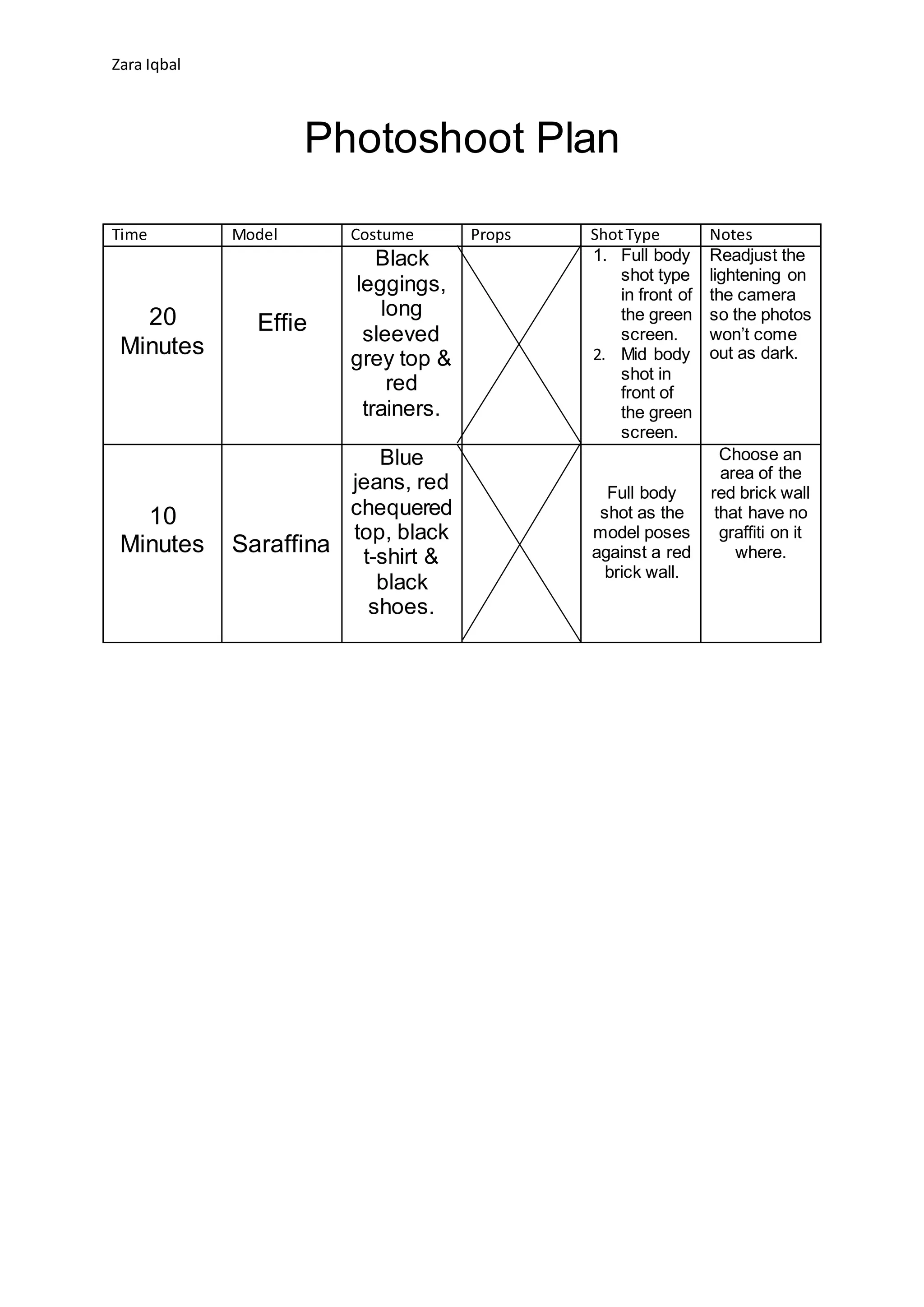 Photoshoot plan | DOCX