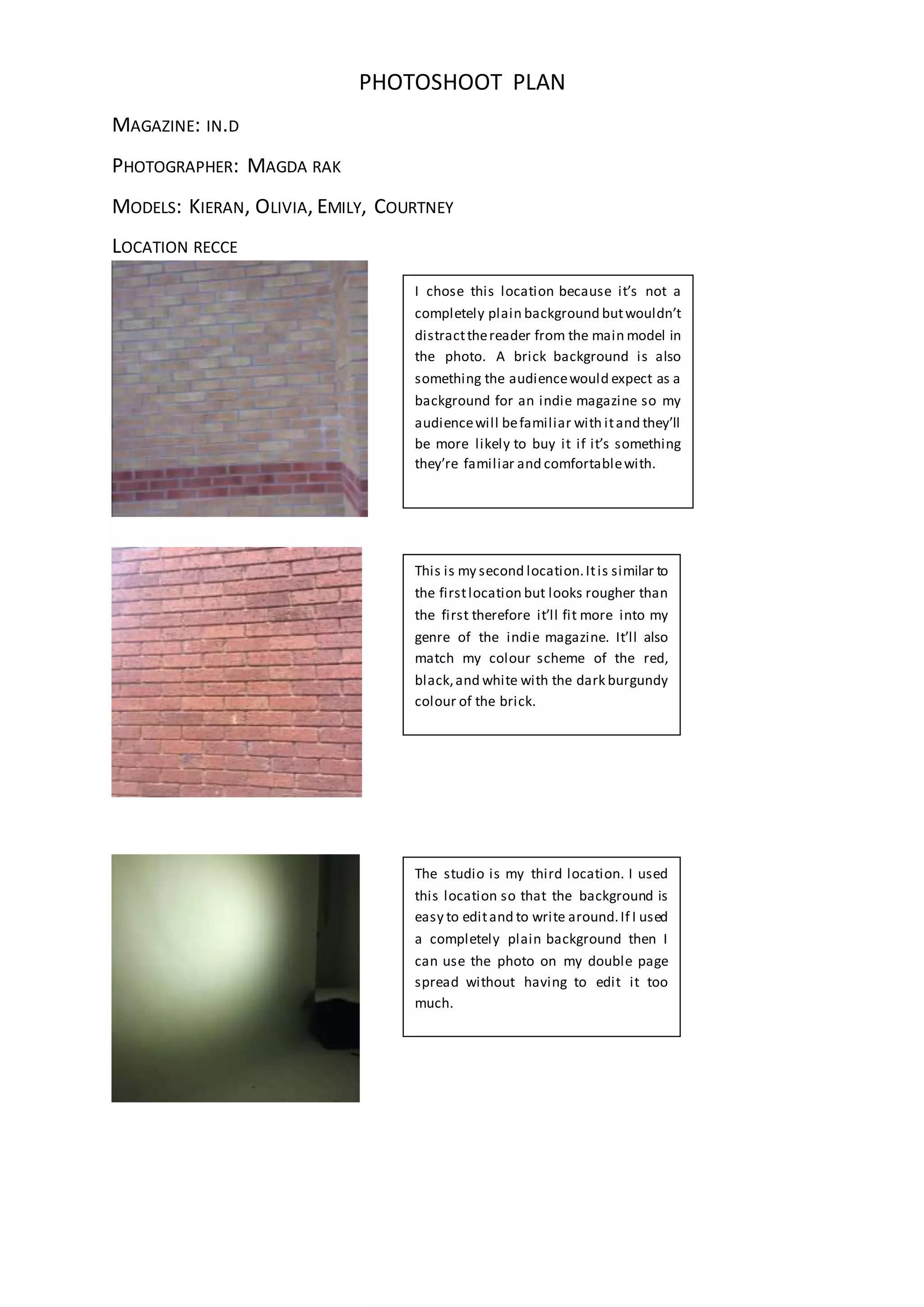 Photoshoot plan | DOCX