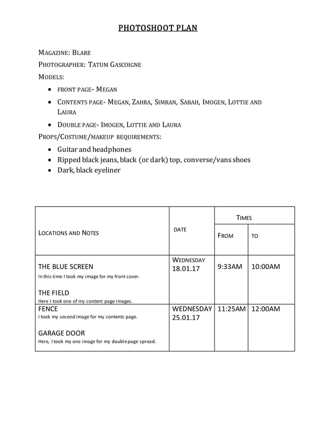 Photoshoot plan | DOCX