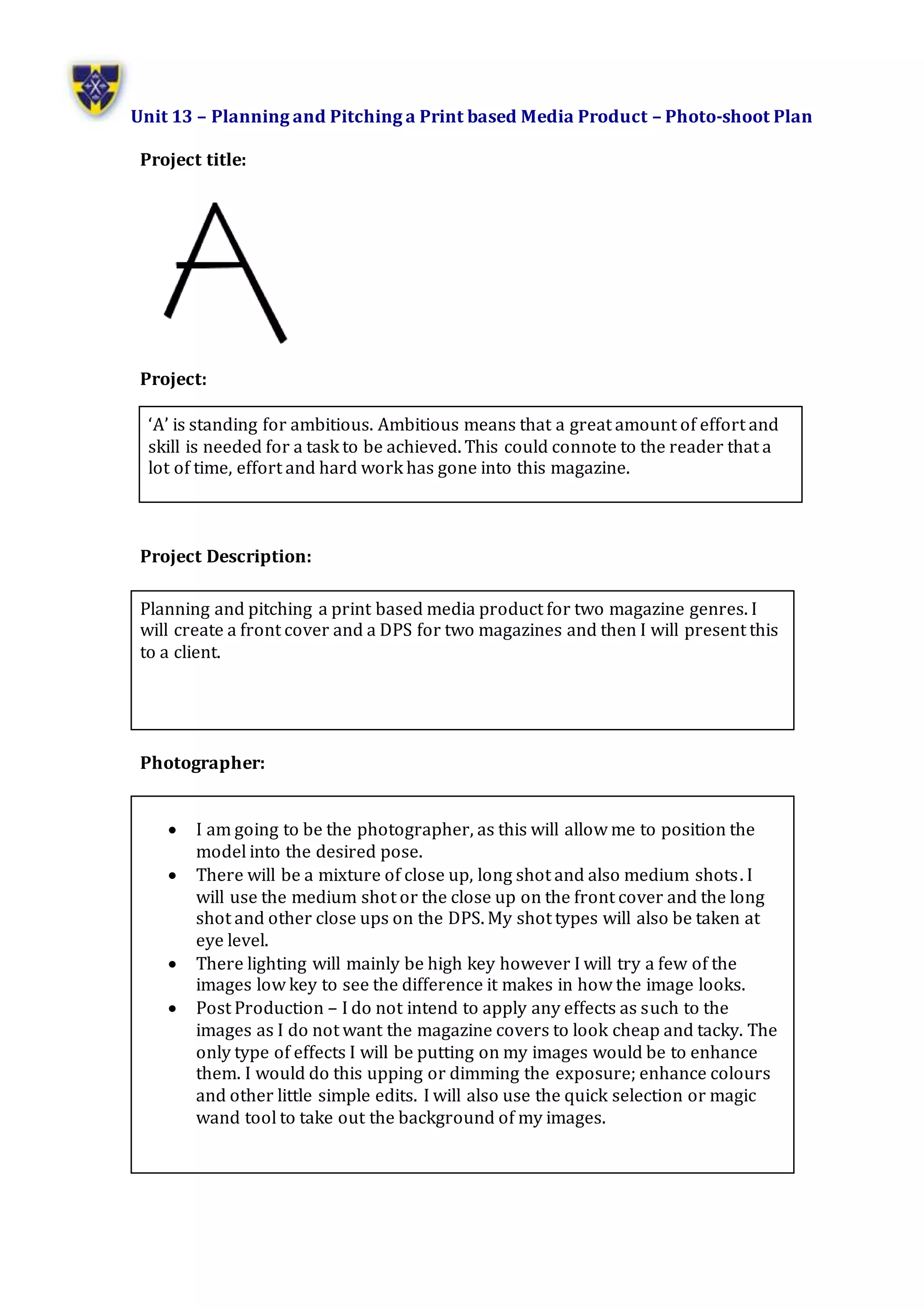 Photo shoot plan 'A' | DOCX