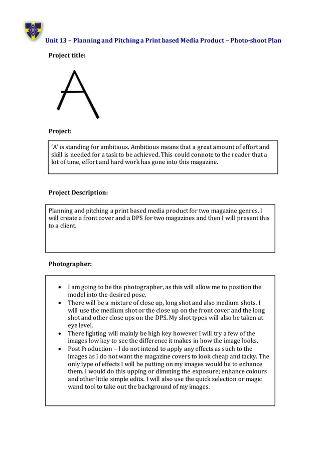 Photo shoot plan 'A' | PDF