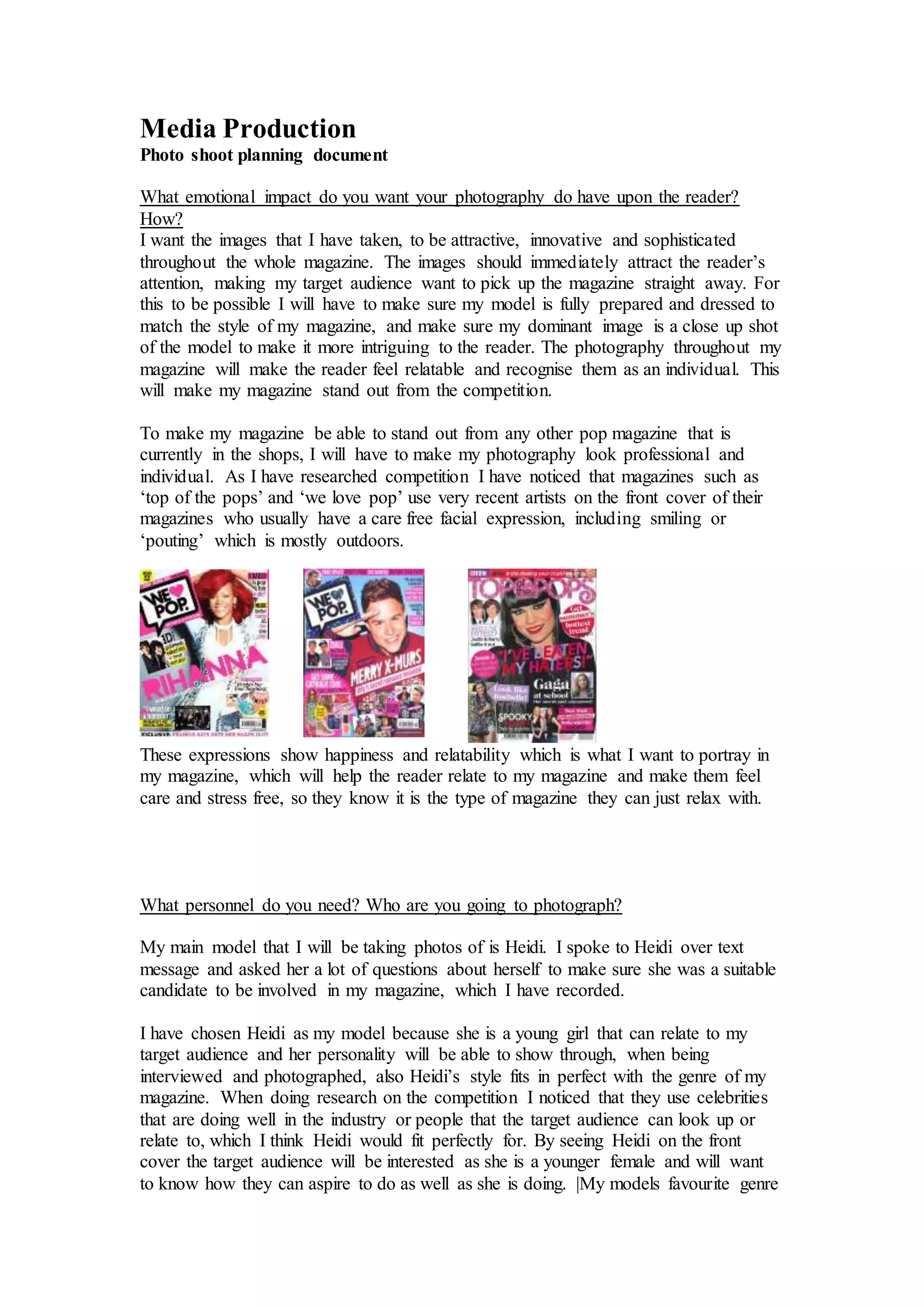 Photoshoot planning | DOCX