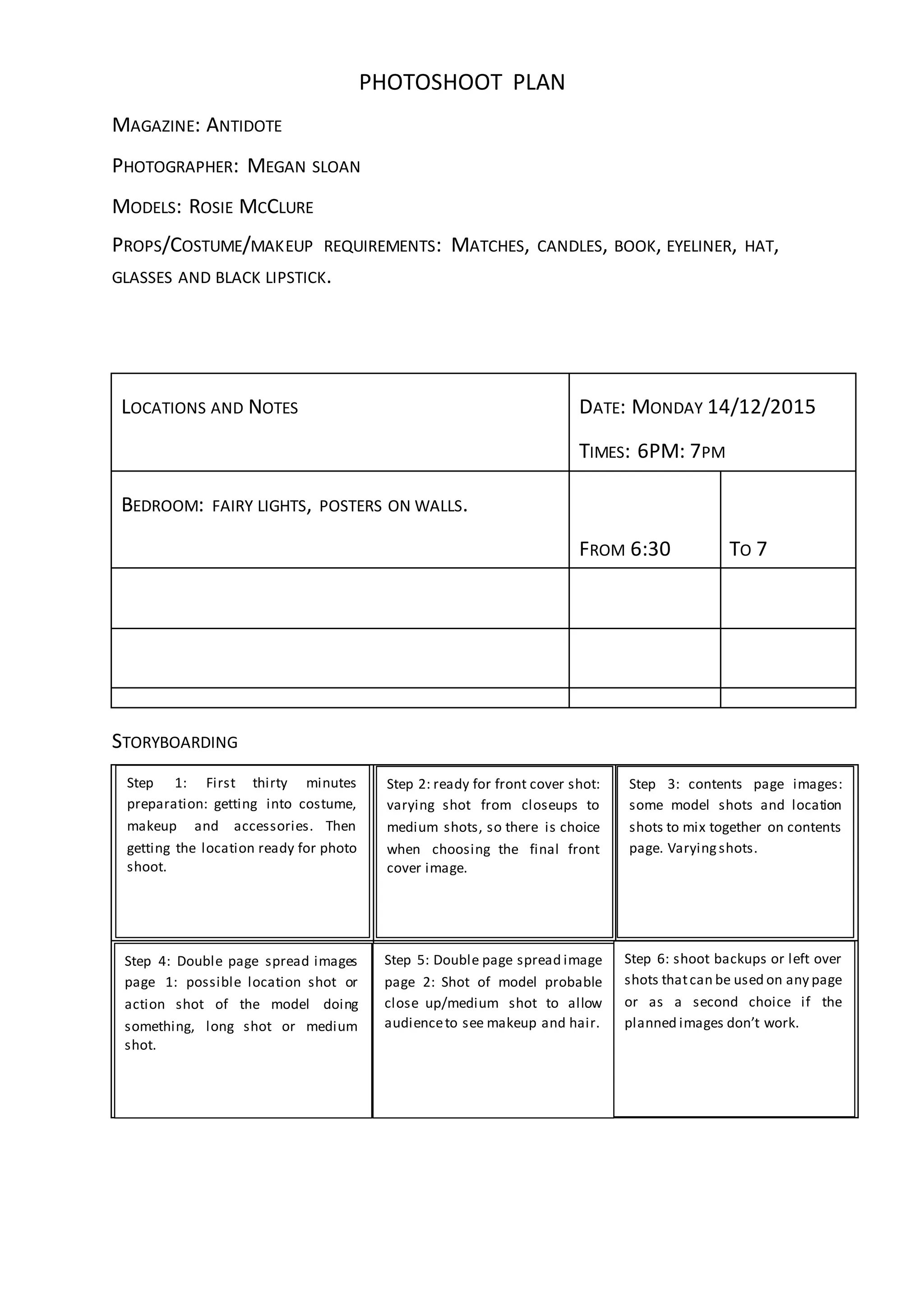 Photoshoot plan task 10 | DOCX