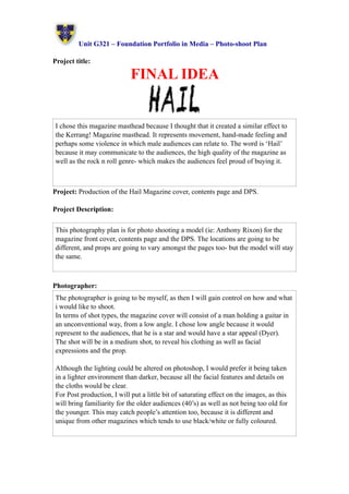 Photo shoot plan template | PDF | Photography | Arts and Crafts