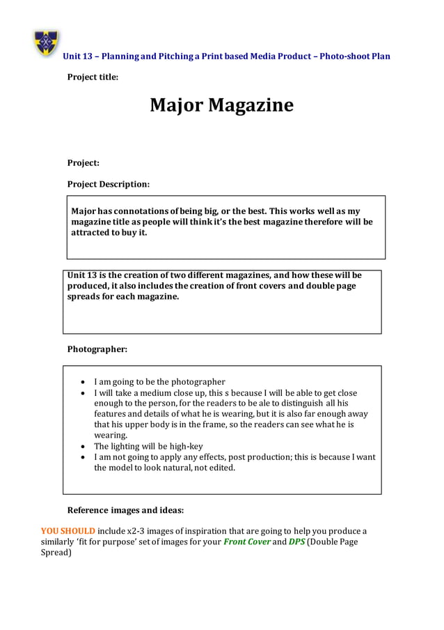 Photo shoot plan template major | DOCX | Photography | Arts and Crafts