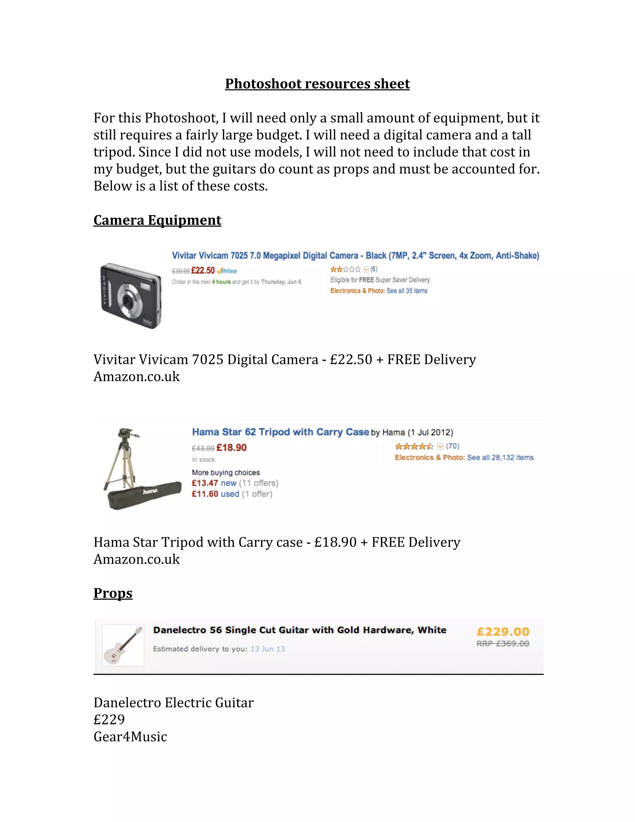 Photoshoot resources sheet | PDF