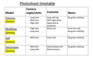Photoshoot timetable | DOCX