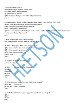 Photoshop MCQ Question for All Exams PDF Free Download | PDF