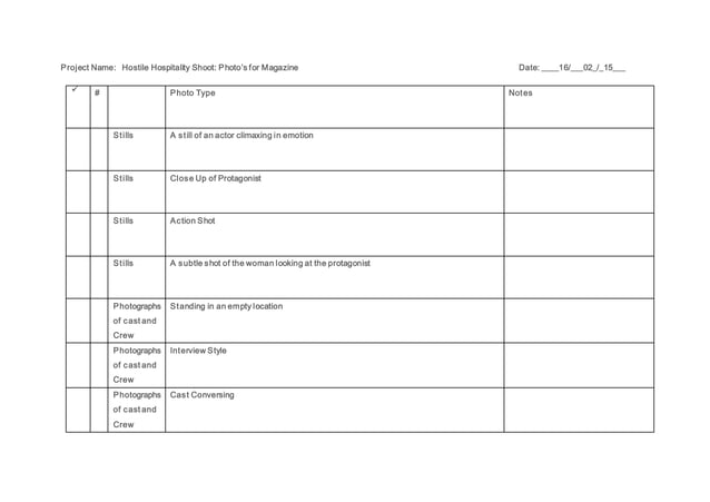Photo Shot List Template | DOCX