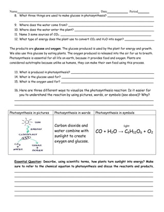 Photosynthesis Process Worksheet