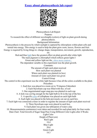 Photosynthesis Essay | PDF