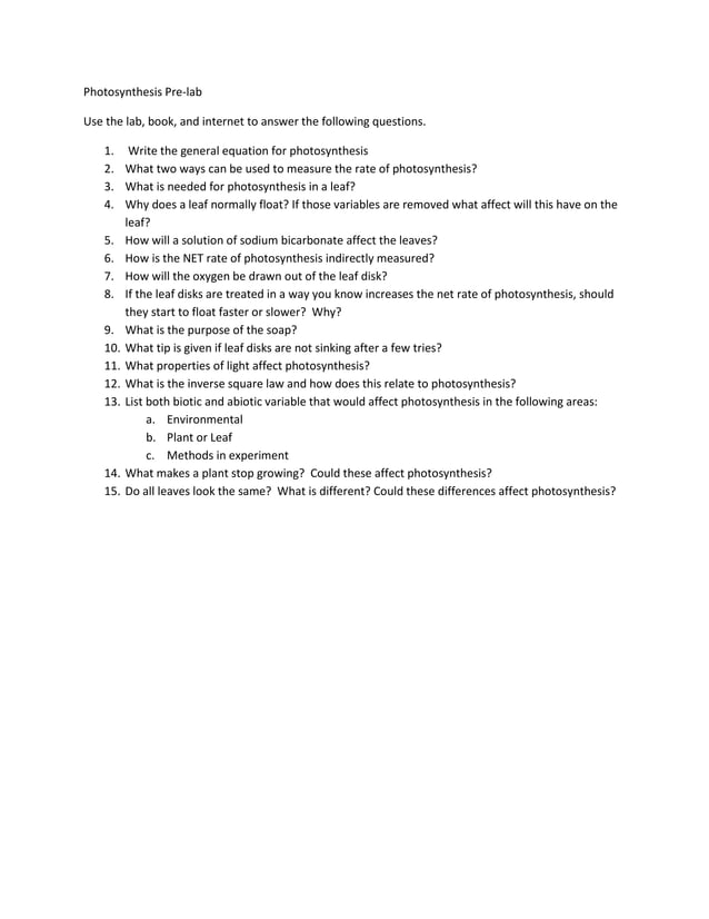 Photosynthesis prelab | PDF