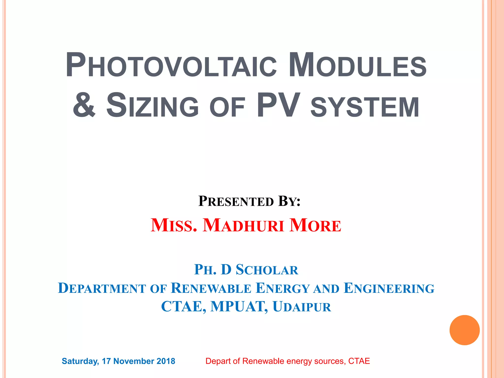 Photovoltaic modules & sizing of pv system | PPTX