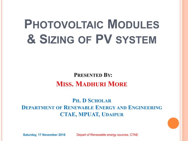 Photovoltaic modules & sizing of pv system | PPTX | Chemistry | Science