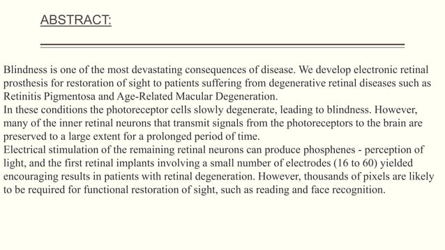 Photovoltaic retinal prosthesis for restoring sight to the blind | PPTX ...
