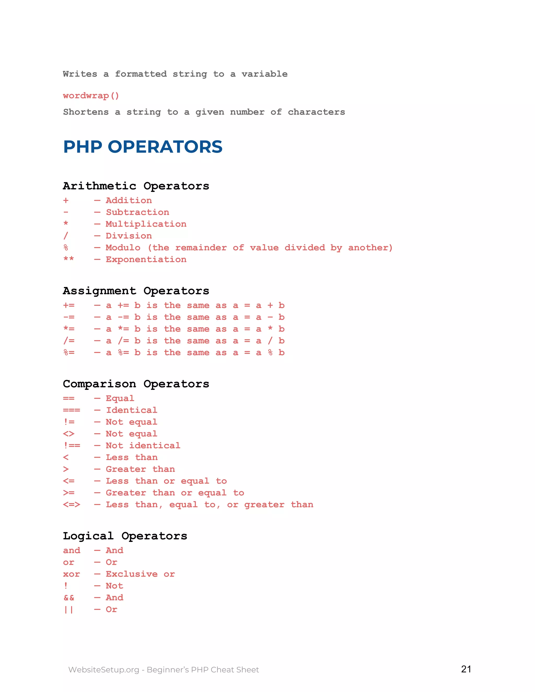PHP Cheat Sheet | PDF