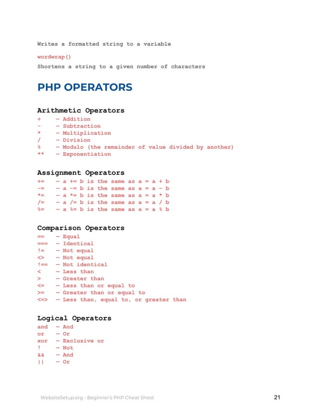 PHP Cheat Sheet | PDF