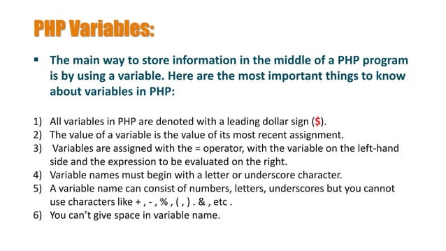 Introduction To PHP (Variables & Data types) | PPTX Introduction To PHP (Variables & Data types) | PPTX