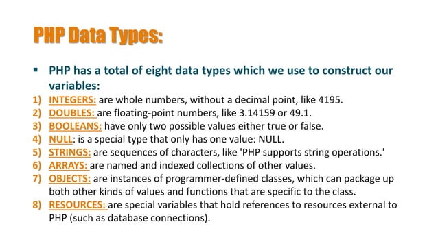 Introduction To PHP (Variables & Data types) | PPTX | Programming Languages | Computing