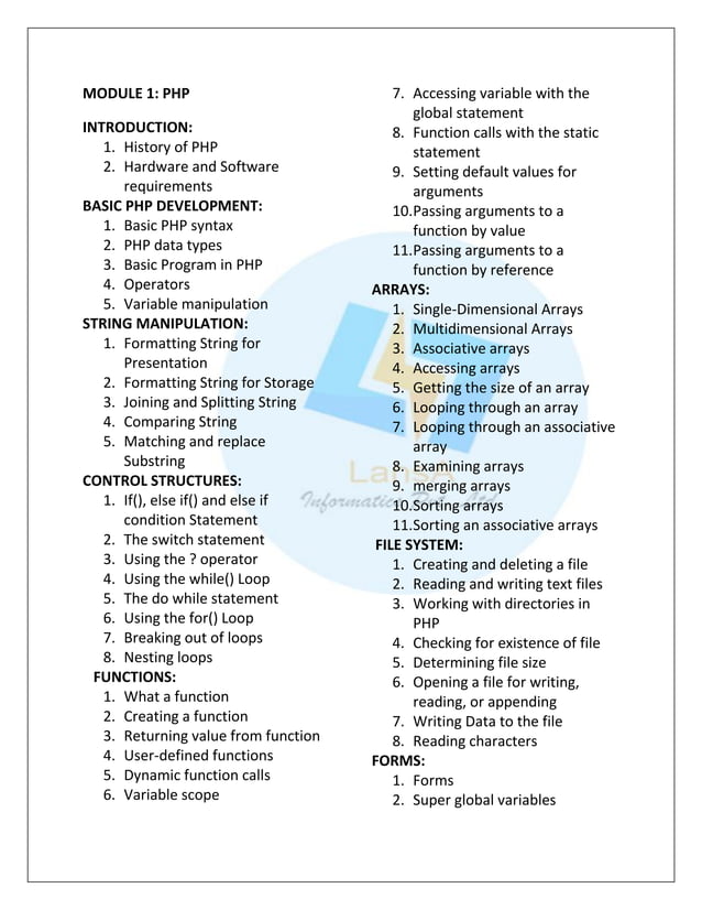 Php And Mysql Course Syllabus Pdf Web Development Internet
