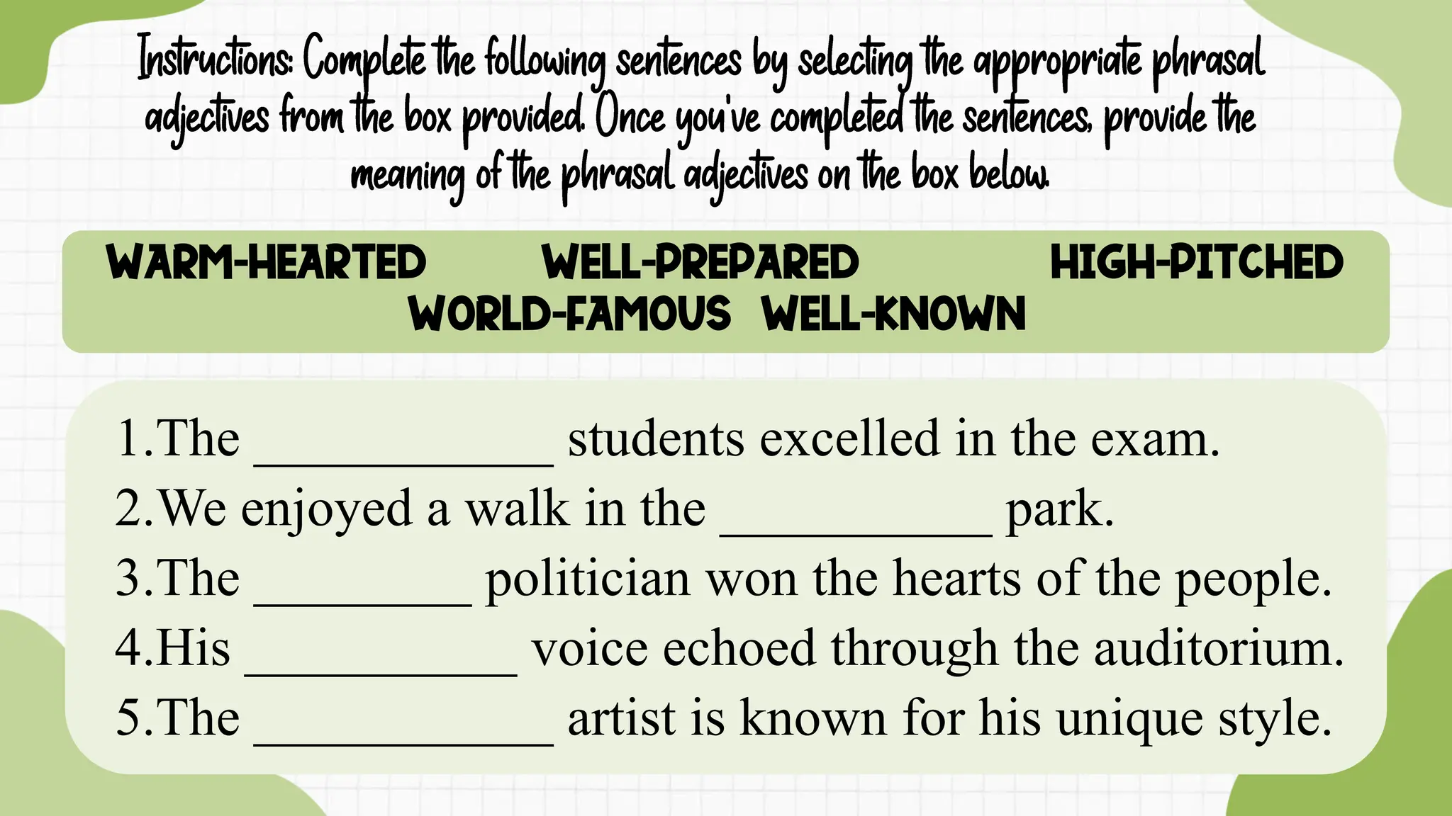 Phrasal Adjectives (Hyphenated and Non Hyphenated Phrasal Adjectives) | PPT