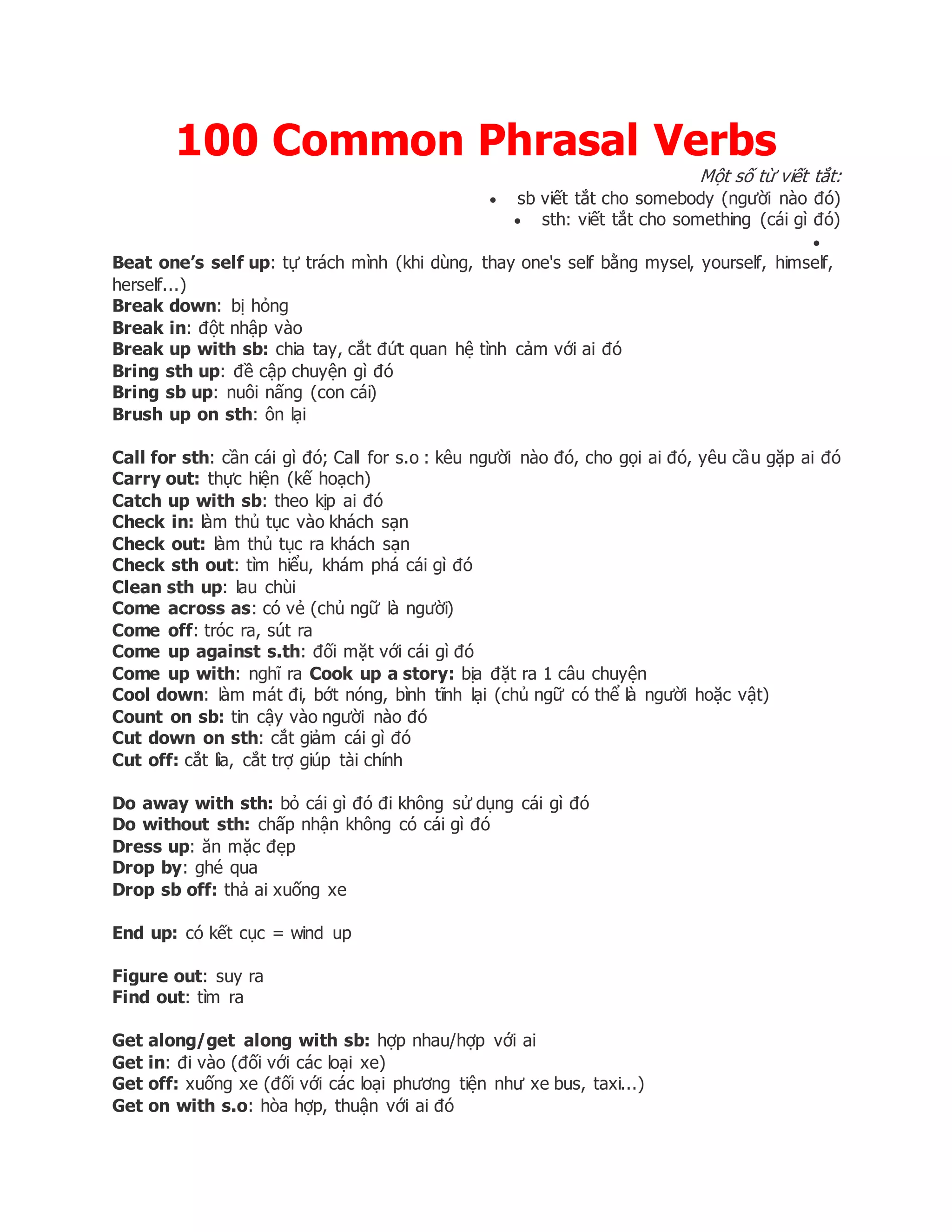 100 Common Phrasal verbs and Exercises | PDF