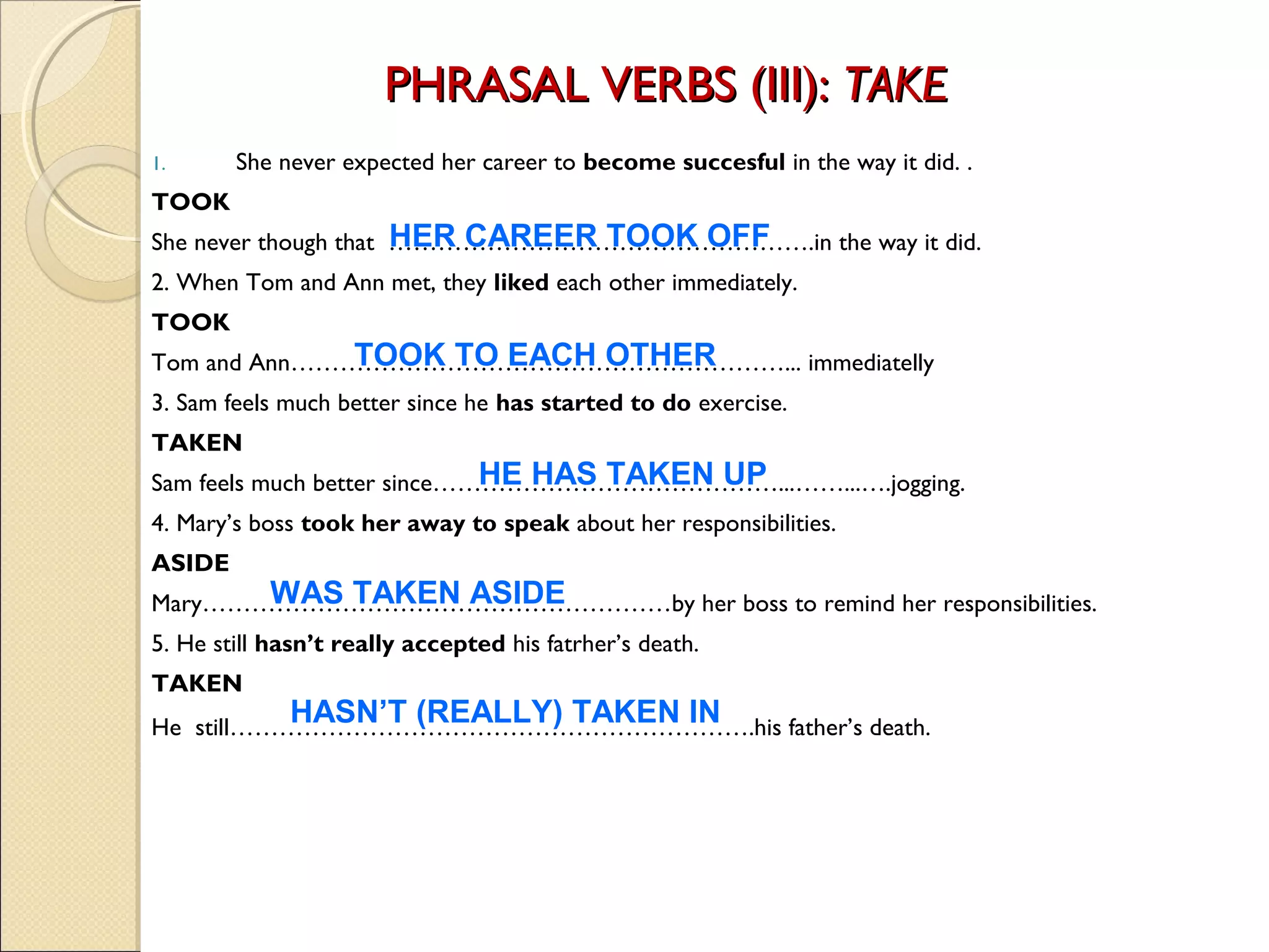 Phrasal verbs iii main phrasal verbs with TAKE | PPT