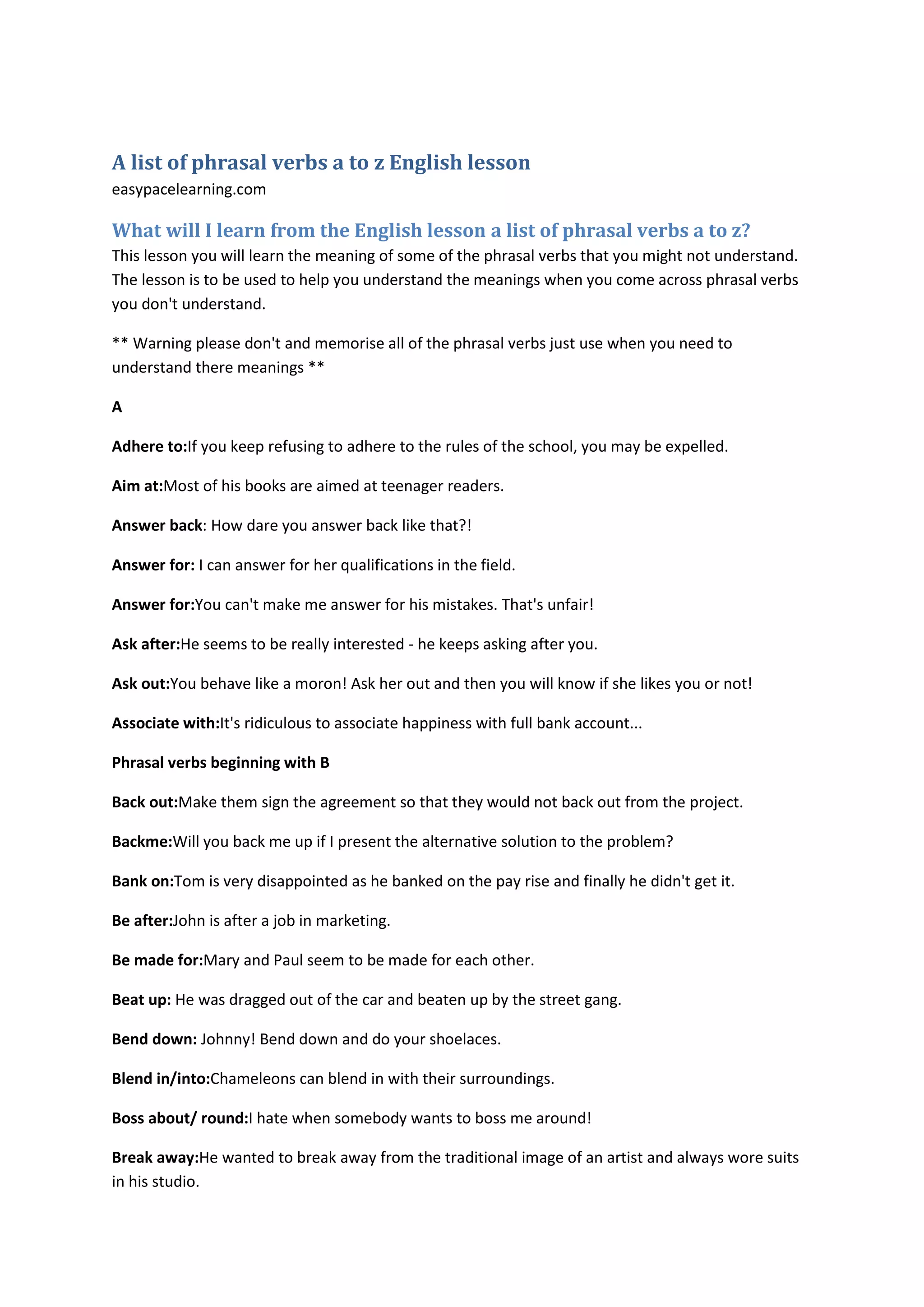 Phrasal verbs A to Z list | PDF