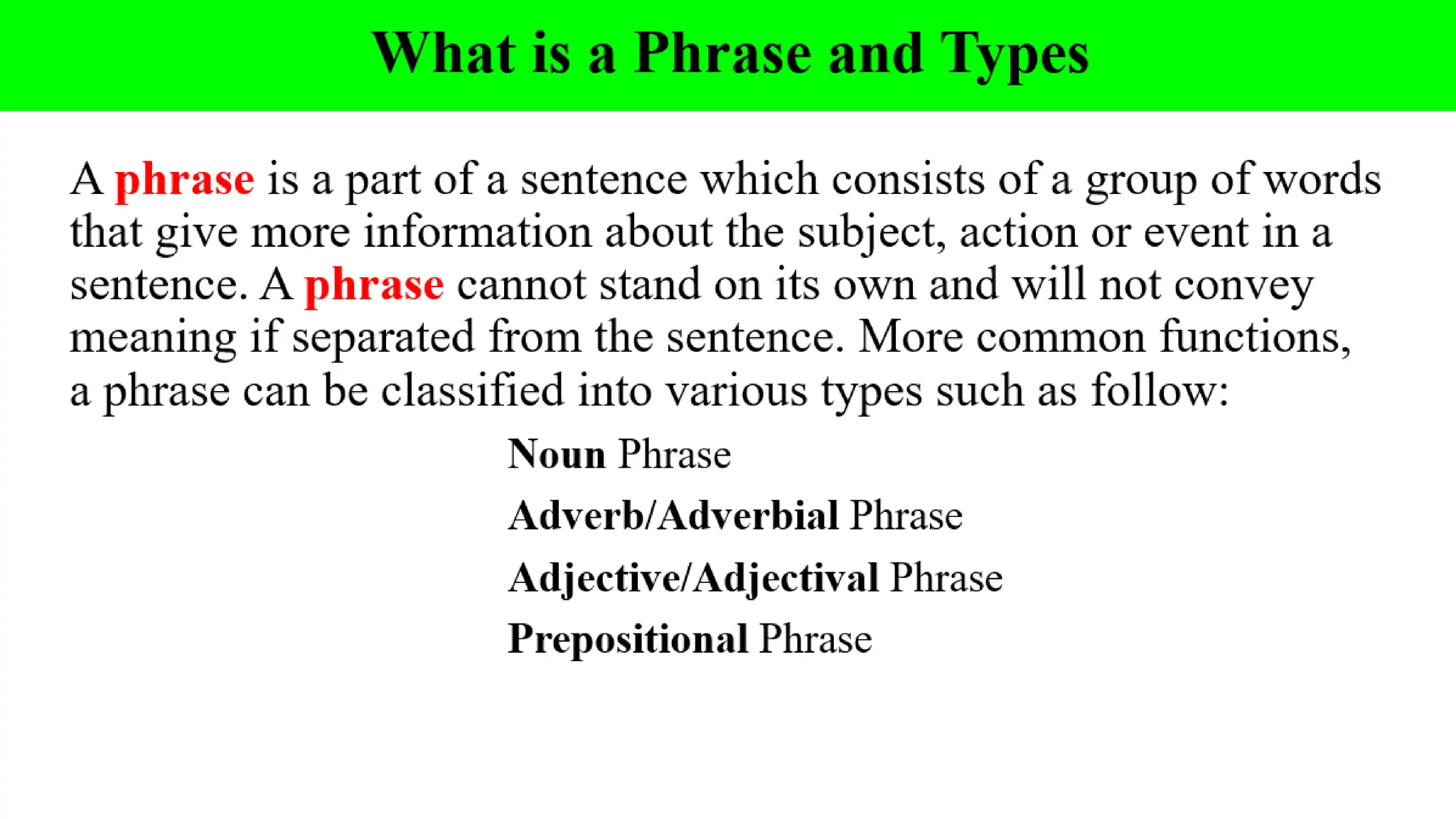 Phrases in English grammar - Types and Usage | PPTX