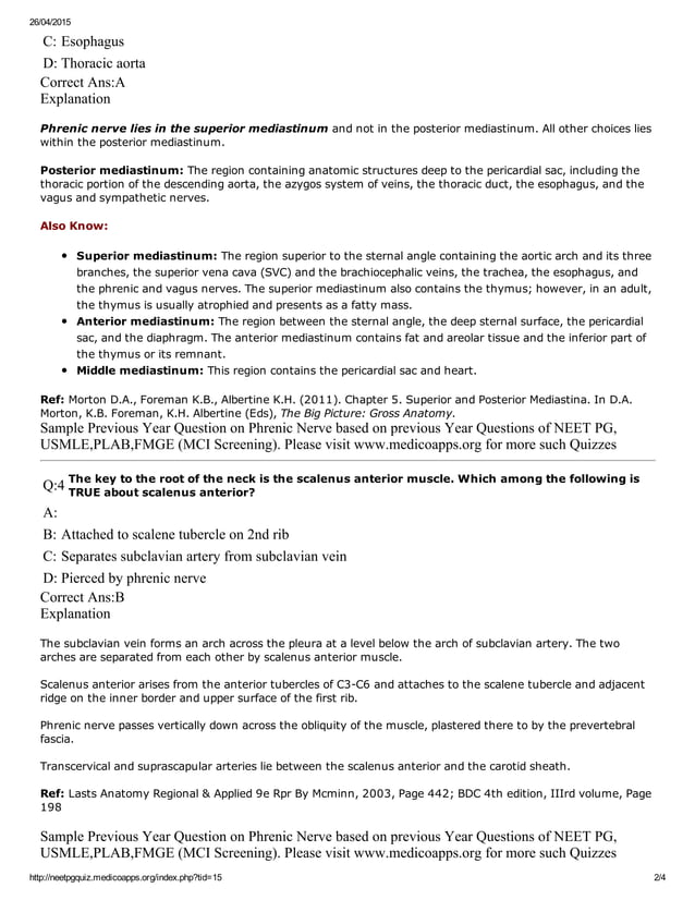 Phrenic nerve sample questions based on neet pg , usmle, plab and fmge ...