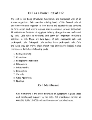 CELL BIOLOGY | DOCX | Biological Sciences | Science
