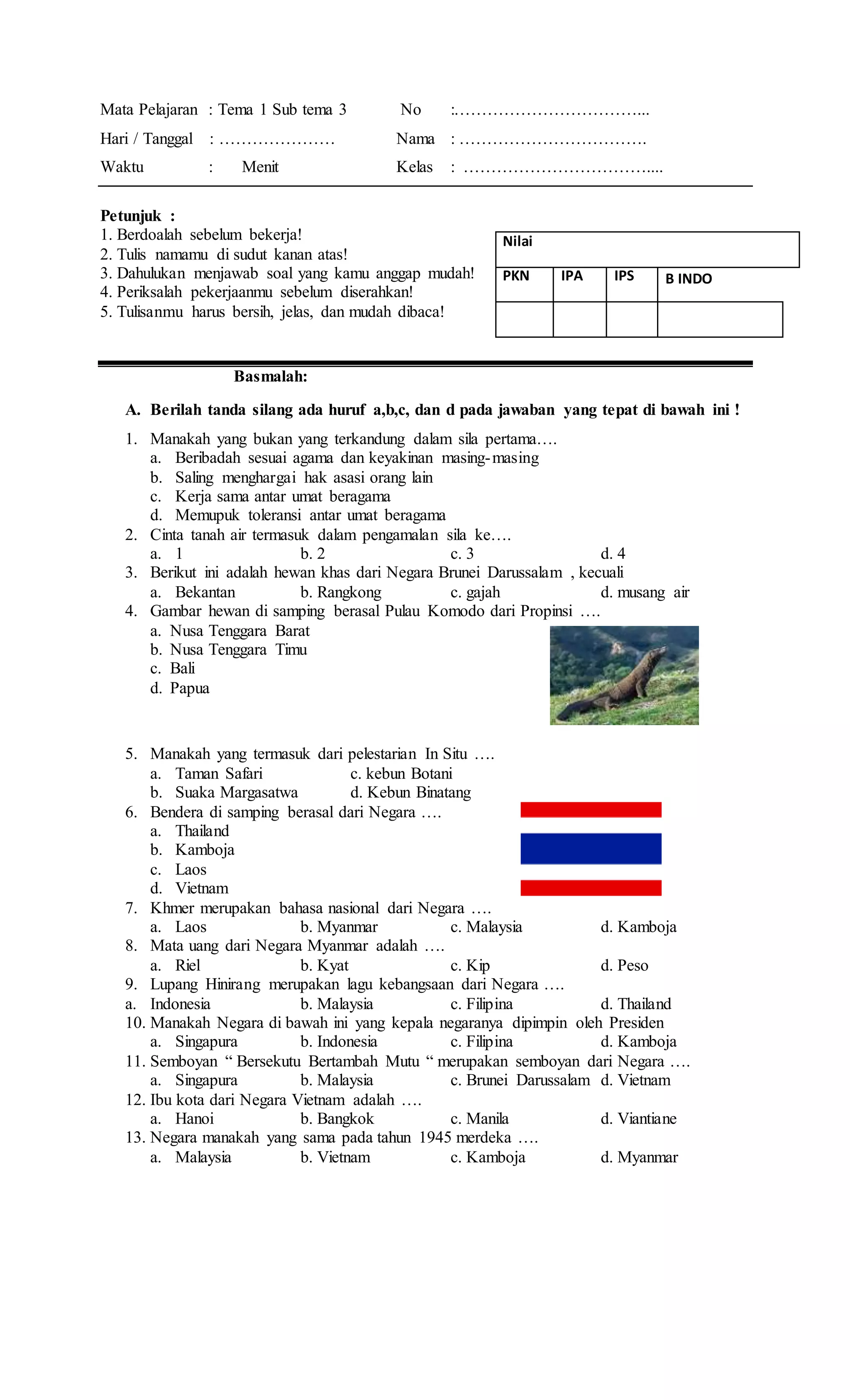 SOAL PENILAIAN HARIAN KELAS 6 TEMA 1 SUB TEMA 3 | DOCX