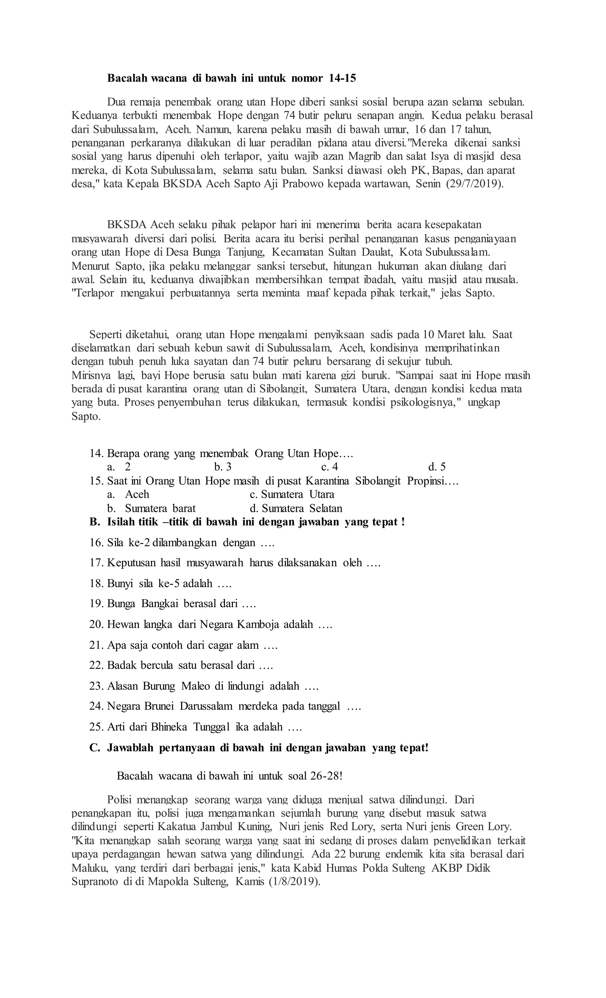 SOAL PENILAIAN HARIAN KELAS 6 TEMA 1 SUB TEMA 3 | DOCX