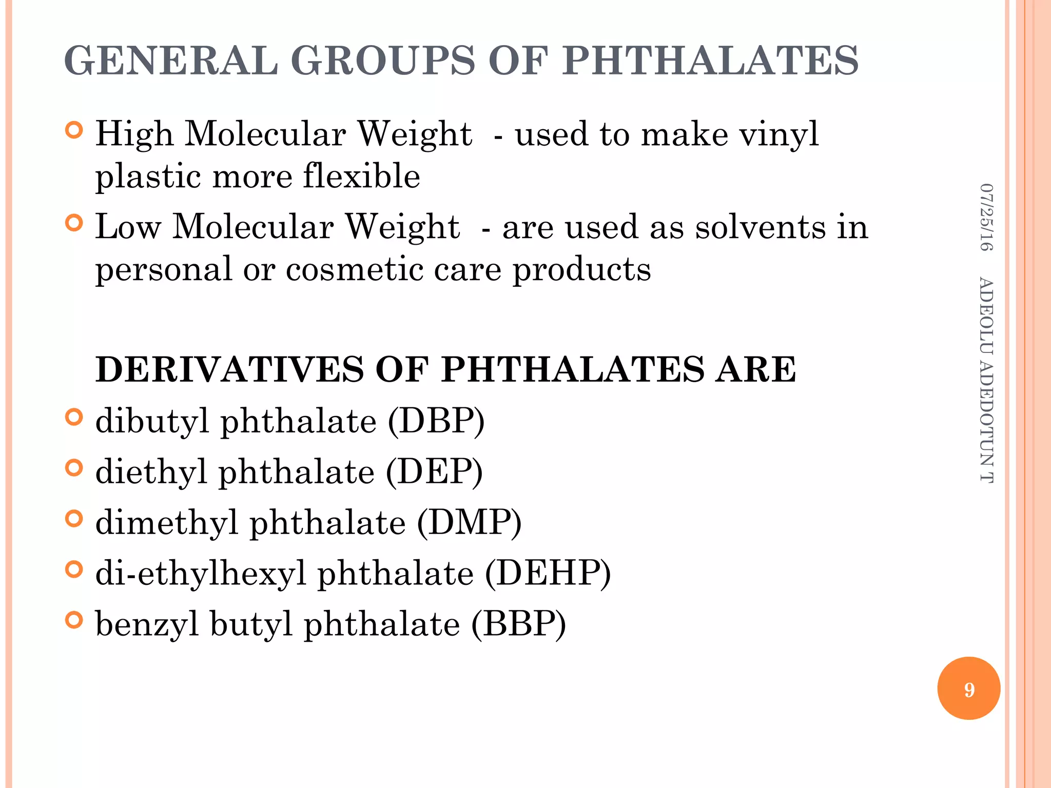 PHTHALATES IN COSMETICS: RISK ON THE HEALTH AND ENVIRONMENT | PPT