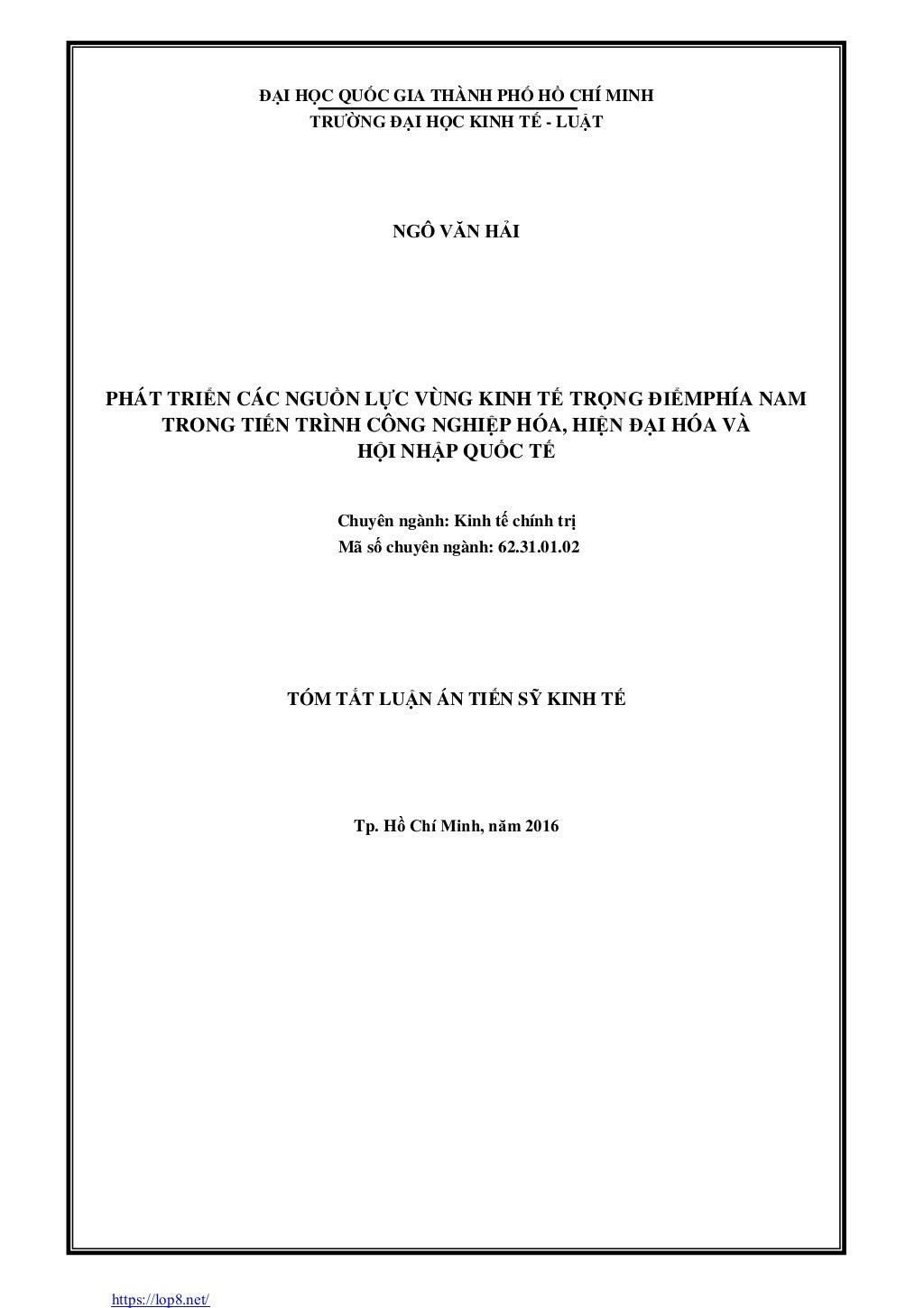 Phát triển các nguồn lực vùng kinh tế trọng điểm phía Nam trong tiến trình công nghiệp hóa, hiện ...
