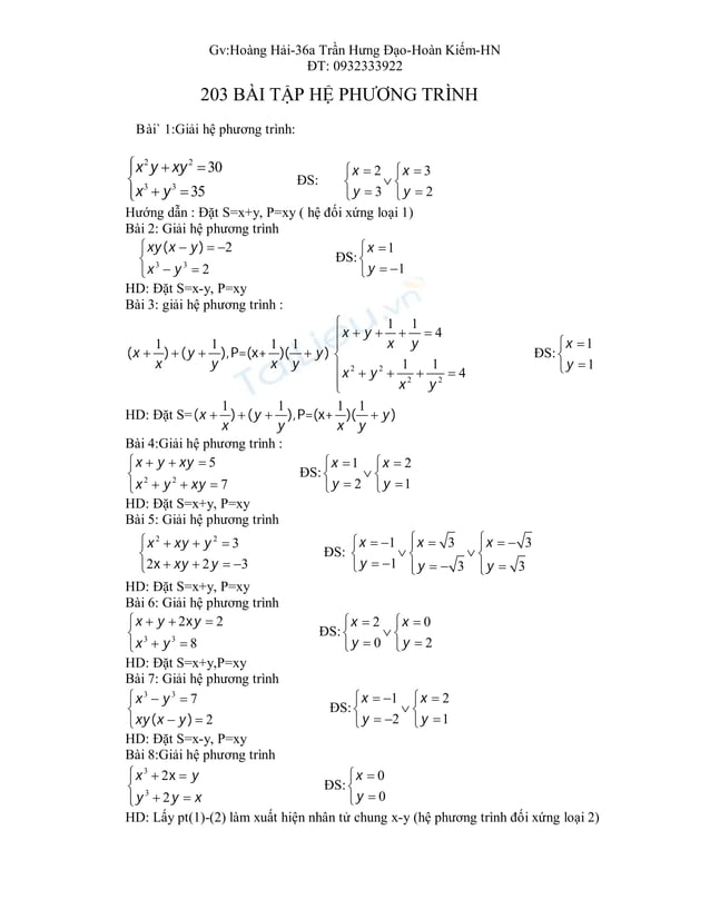 Phuong trinh_203_bai_tap_he_phuong_trinh_3212 | PDF