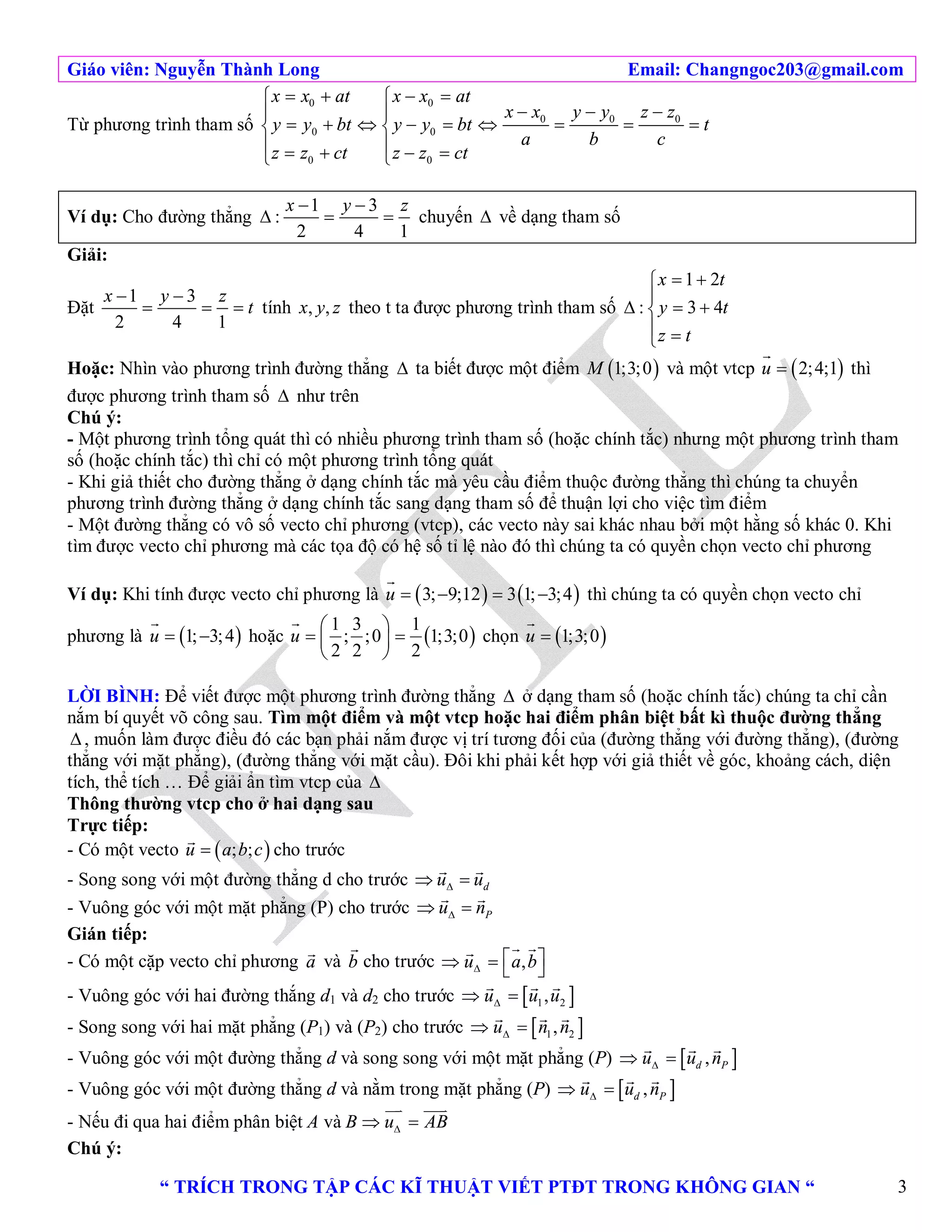 Phuong trinh duong thang trong khong gian | PDF