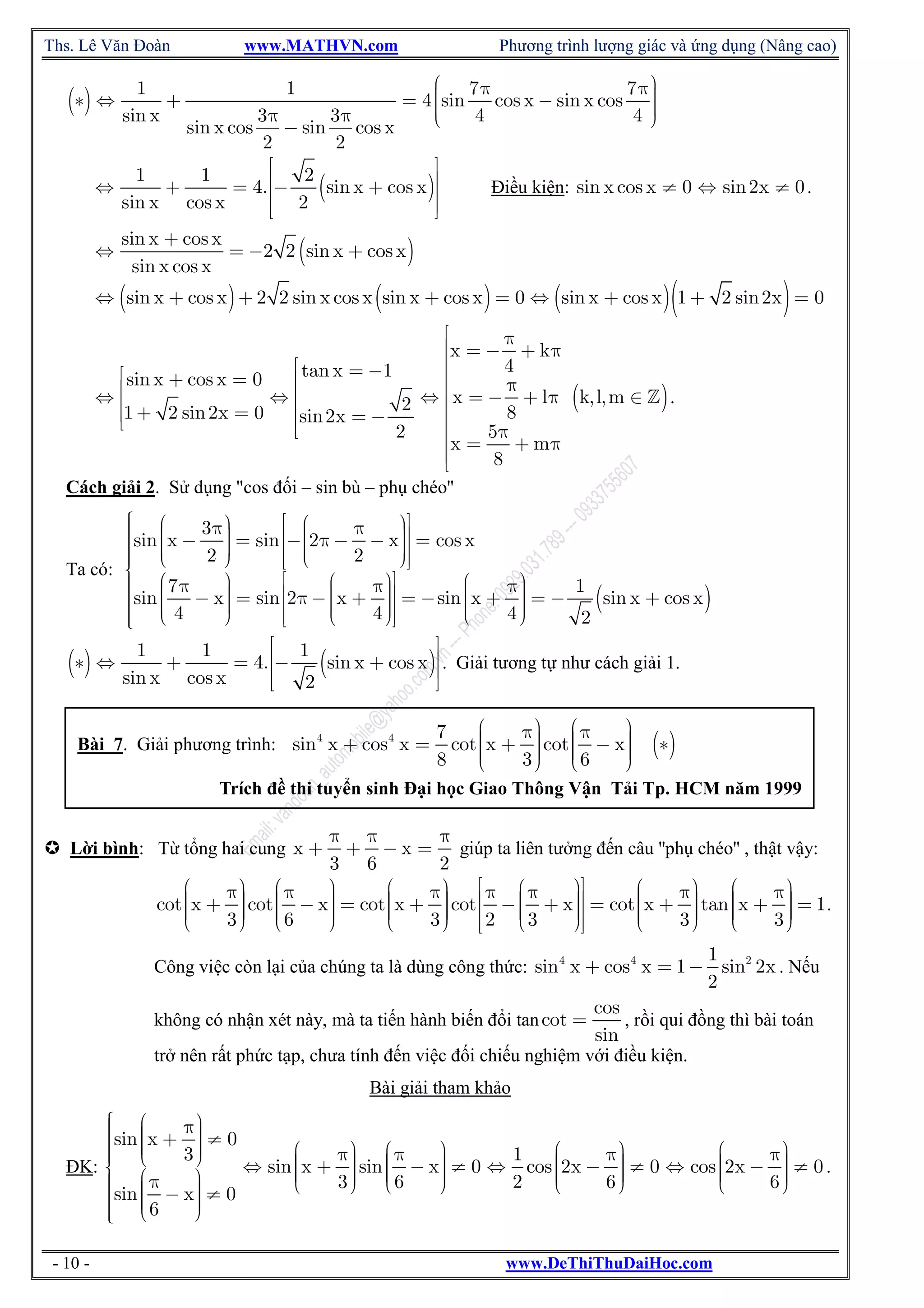 Phuong trinh luong giac nang cao le van doan ltdh | PDF