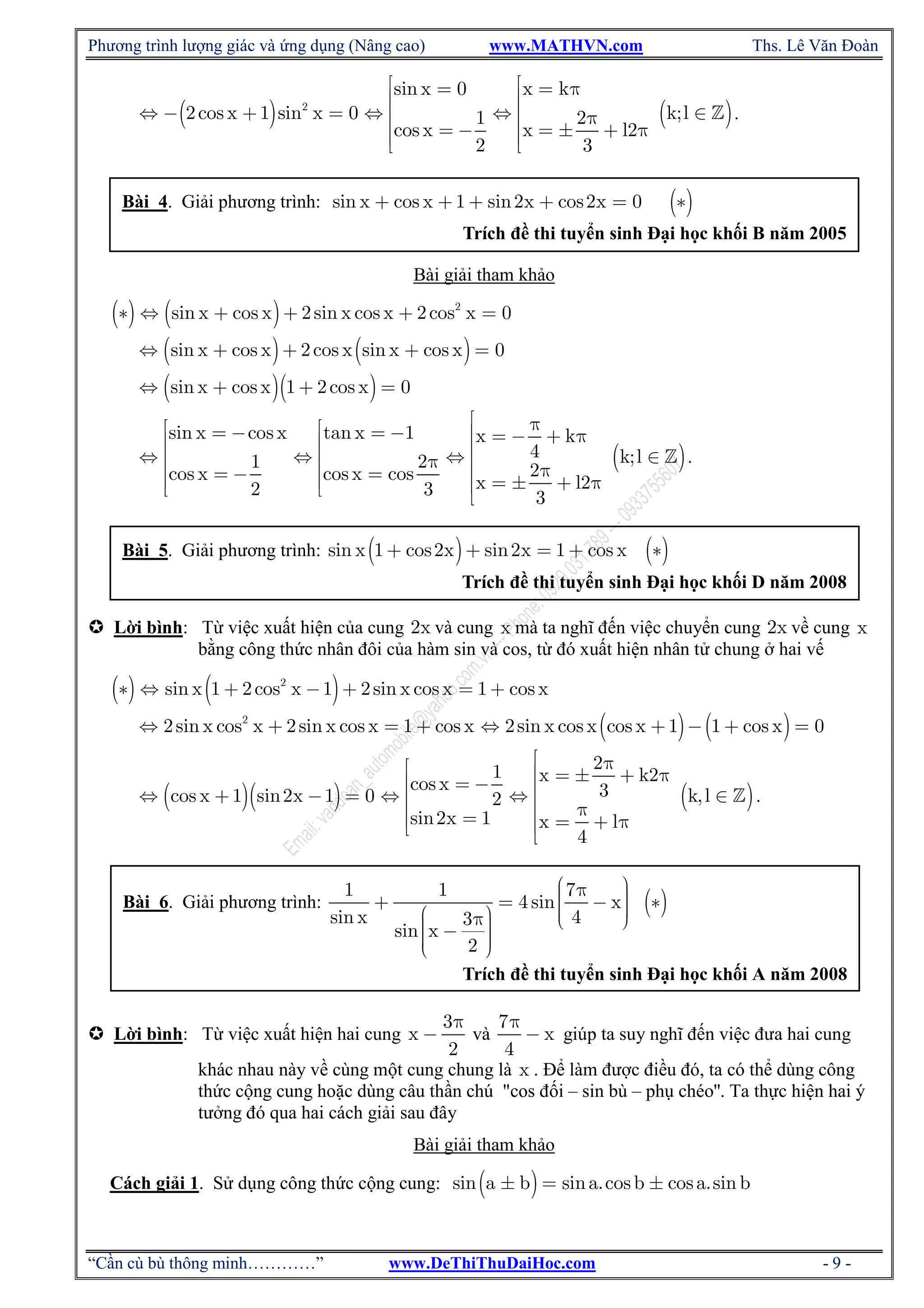 Phuong trinh luong giac nang cao le van doan ltdh | PDF