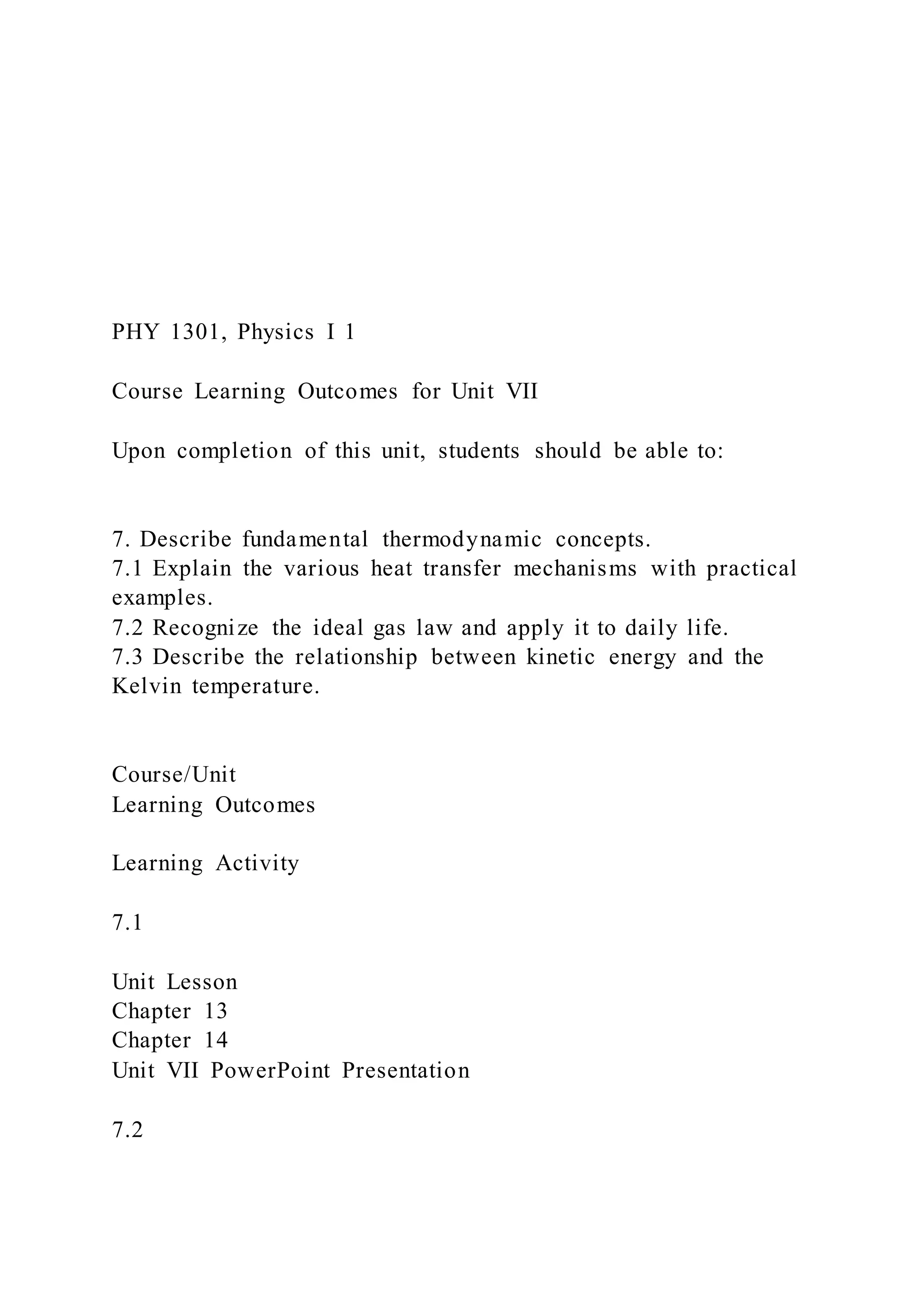 PHY 1301, Physics I 1 Course Learning Outcomes for | DOCX