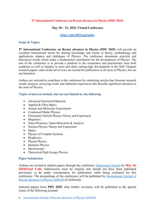 9th International Conference on Recent advances in Physics (PHY 2025) | PDF