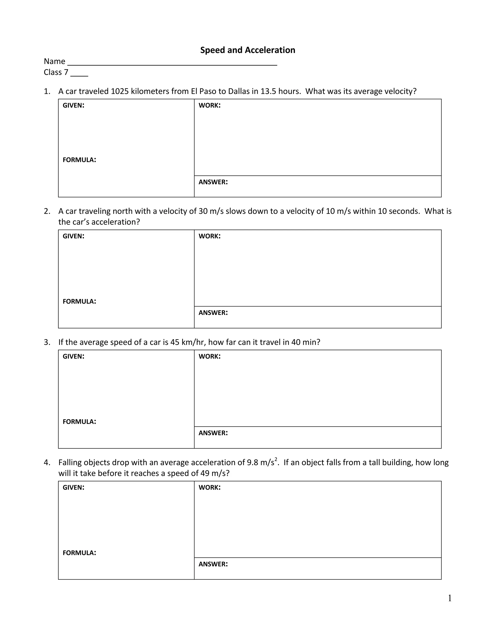Phy 7 speed velocity acceleration ws review test | DOCX | Running and ...