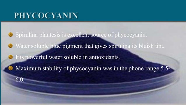 Phycocyanin Introduction/ Application and uses | PPTX | Nutrition ...