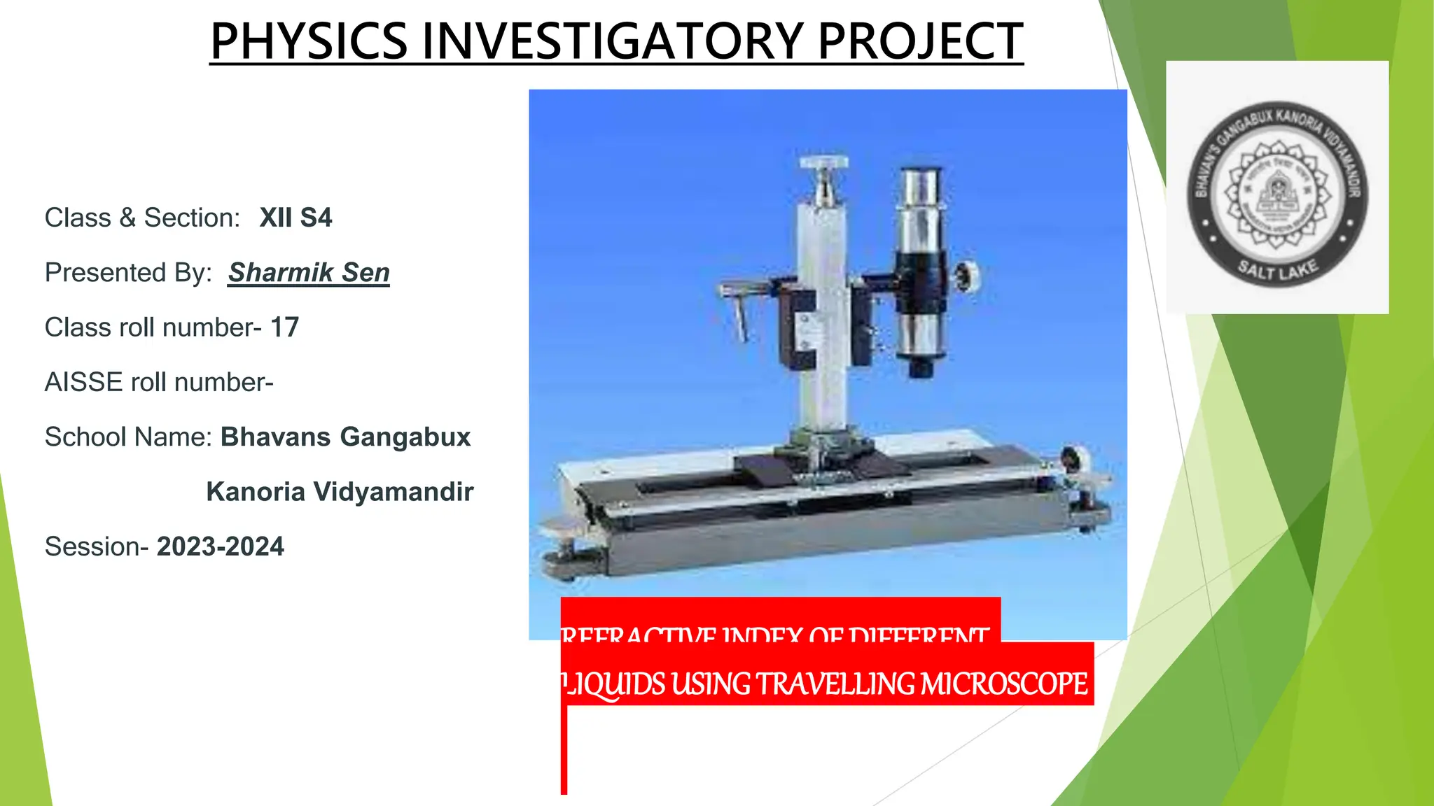 Refractive index of liquids using travelling microscope | PPT Refractive index of liquids using travelling microscope | PPT