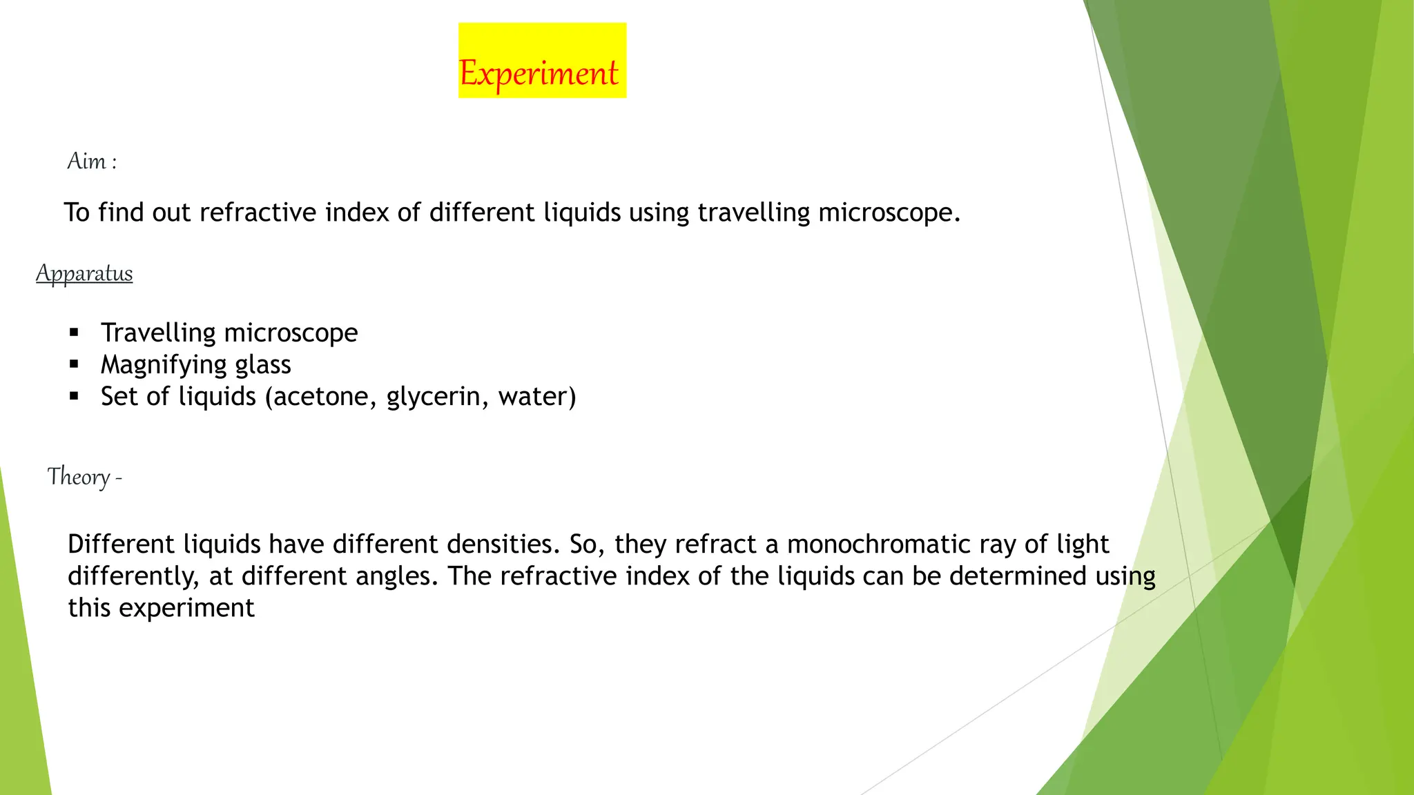 Refractive index of liquids using travelling microscope | PPT Refractive index of liquids using travelling microscope | PPT