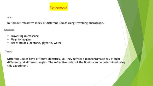 Refractive index of liquids using travelling microscope | PPTX ...