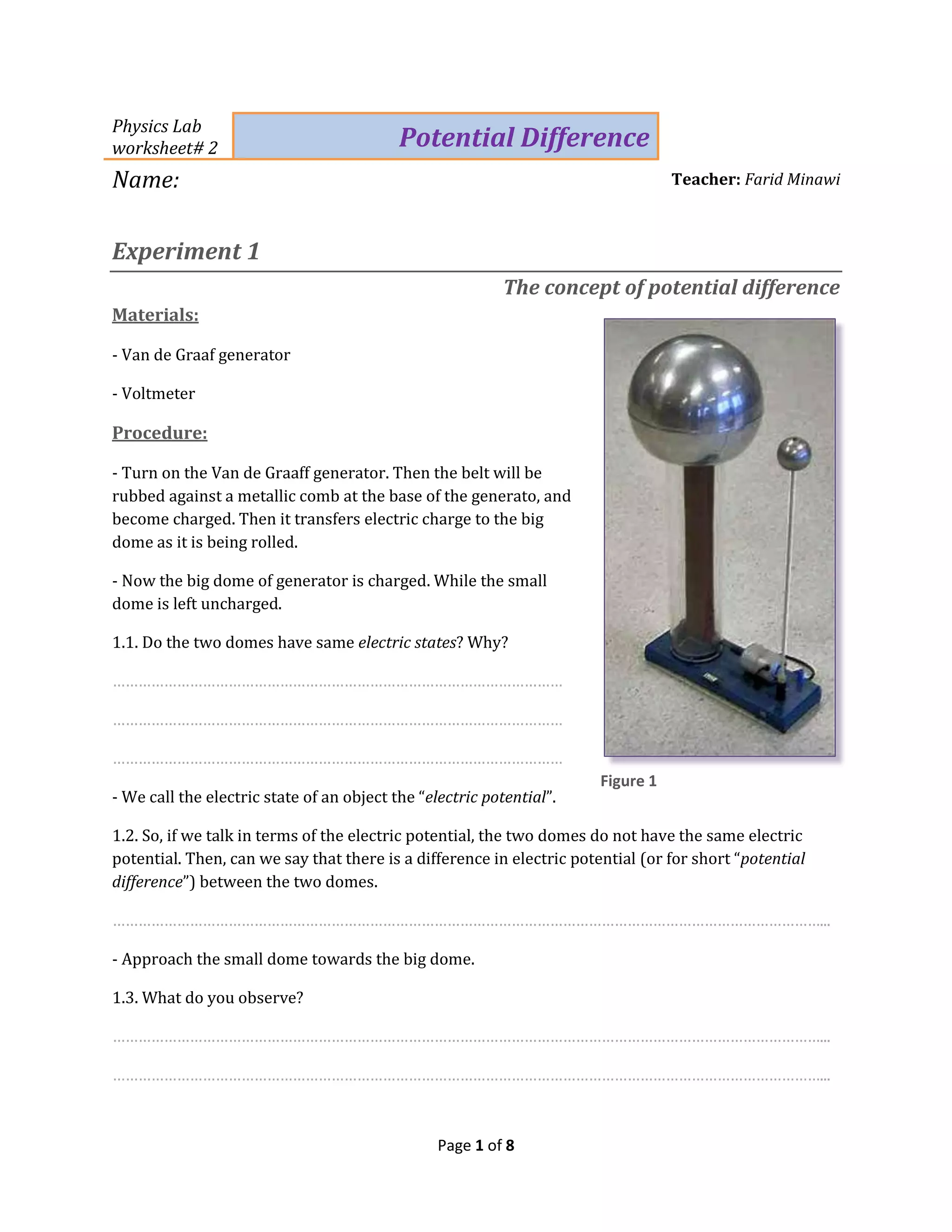 Physics Lab Worksheet#2 Potential Difference | PDF