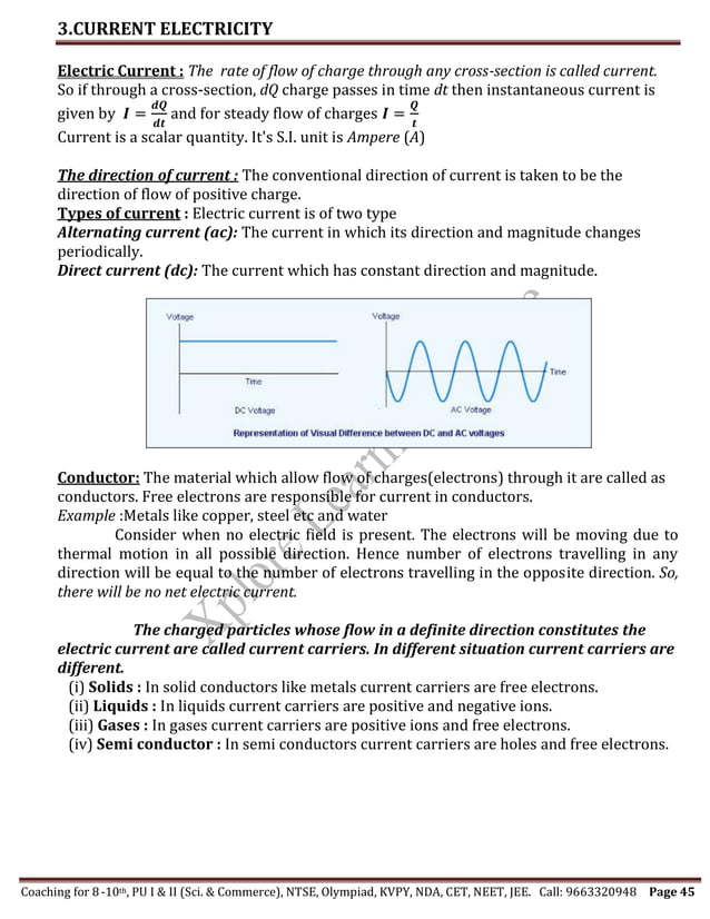 PHY CURRENT ELECTRICITY PUC 2 Notes | PDF | Physics | Science