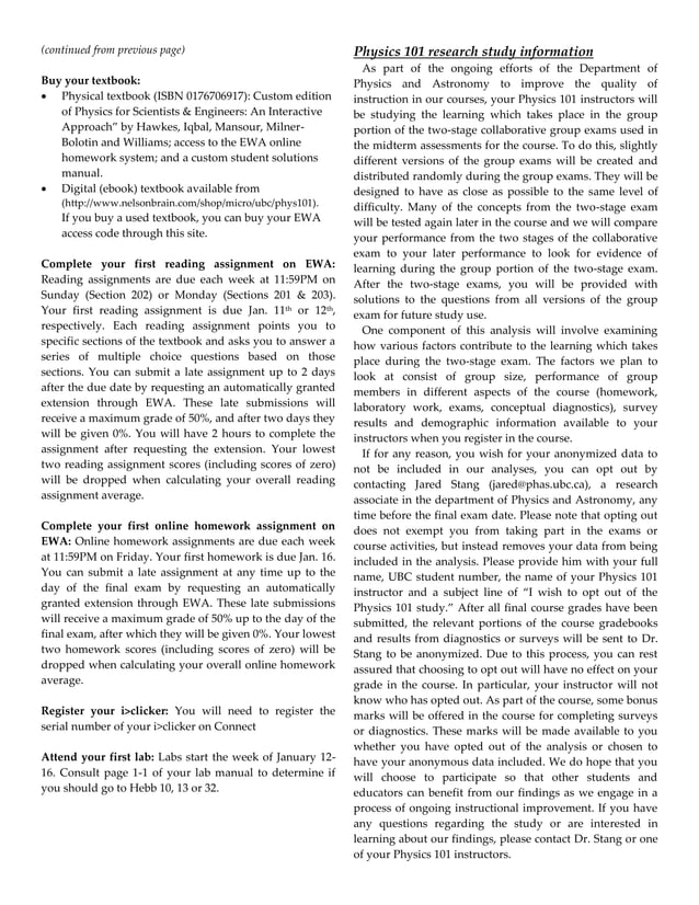 Phys 101 course overview - all sections (01-2015) | PDF