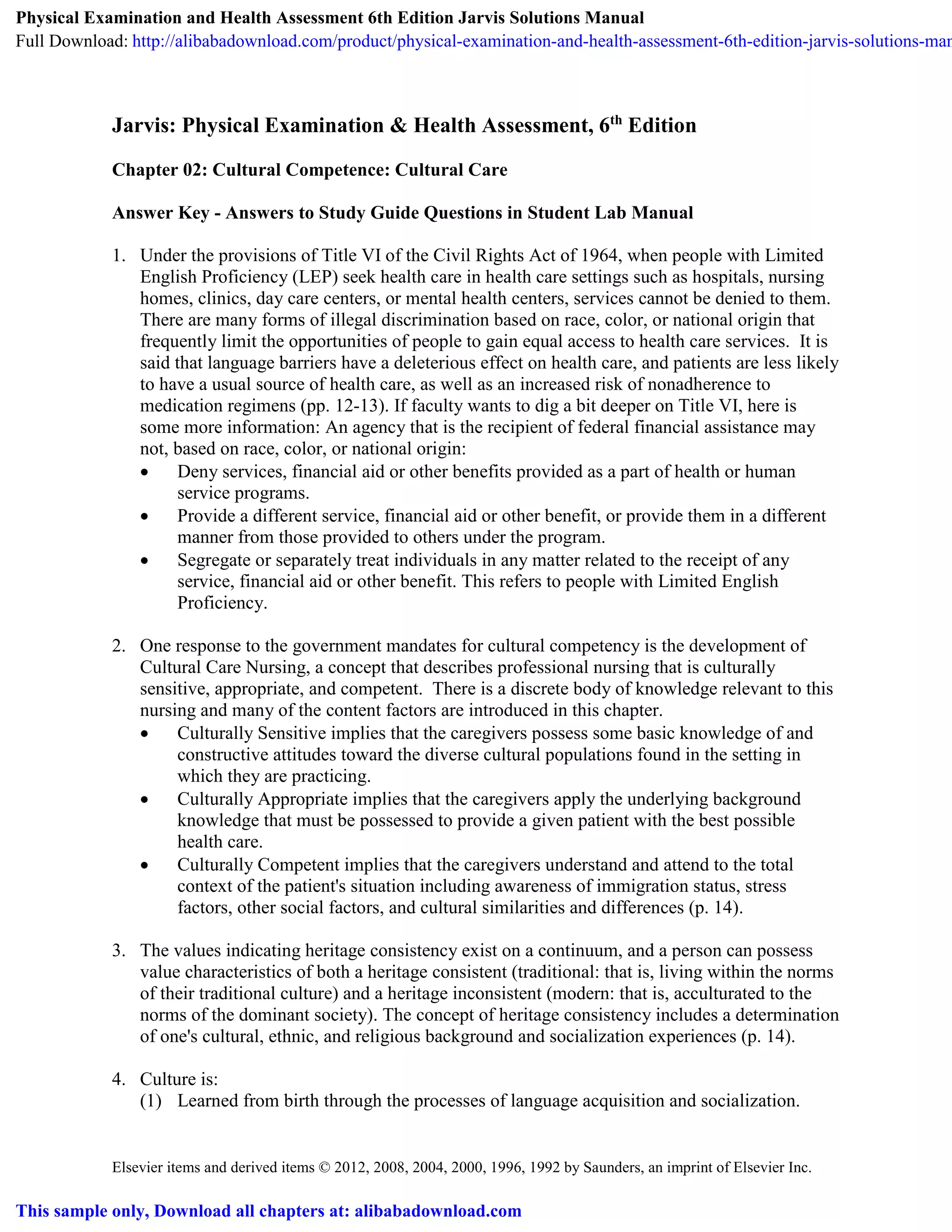 Physical Examination and Health Assessment 6th Edition Jarvis Solutions ...